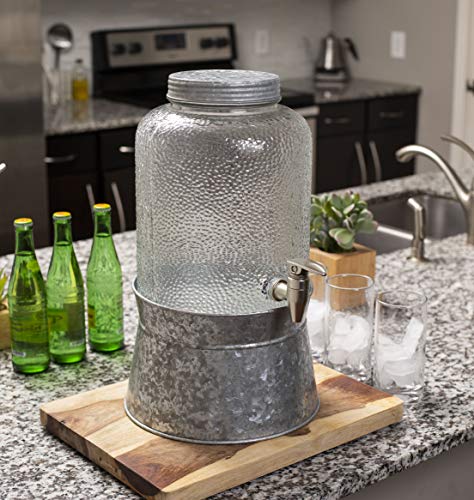 BirdRock Home 2.5 Gallon Pebbled Glass Beverage Dispenser with Galvanized Stand - Lid - Spigot - Decorative Round Jar for Drinks - Lemonade Sangria Tea Water Drink Jar Jug - Home Parties