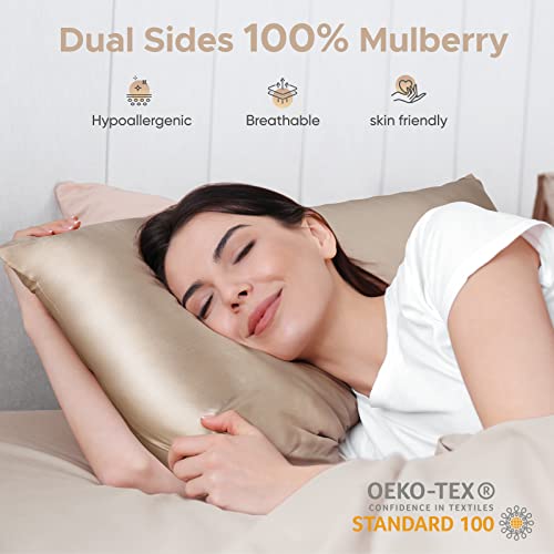 100% Mulberry Silk Pillowcase for Hair and Skin Set of 2,Allergen Resistant Dual Sides,600 Thread Count Silk Bed Pillow Cases with Hidden Zipper,2pcs,(Standard Size,Taupe)