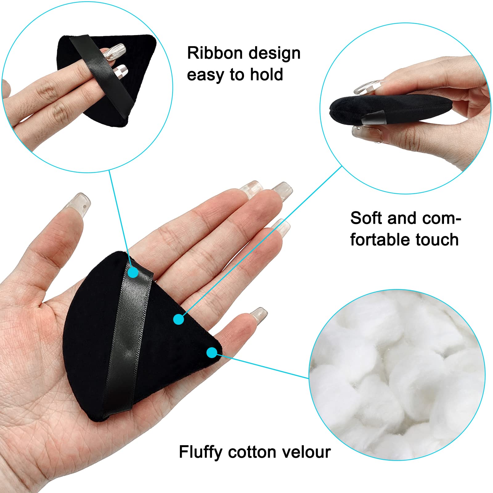 12 Pieces Cosmetic Powder Puff,2.76 inch Portable Soft Sponge Setting Face Puffs,Triangle Velvet with Ribbon Band Handle for Loose Powder Body Powder Makeup Tool