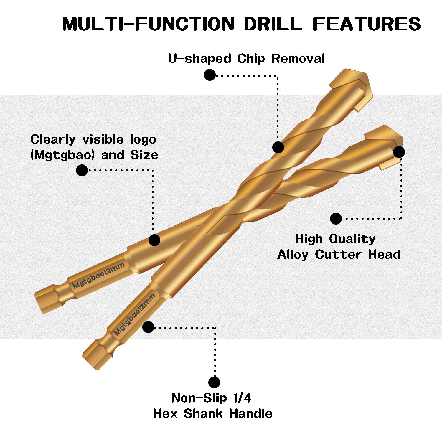 12PC Golden Concrete Drill Bit Set, Mgtgbao Masonry Drill Bits for Tile,Brick, Plastic and Wood Best for Wall Mirror and Ceramic Tile on Concrete and Brick Wall (3/16-1/2")