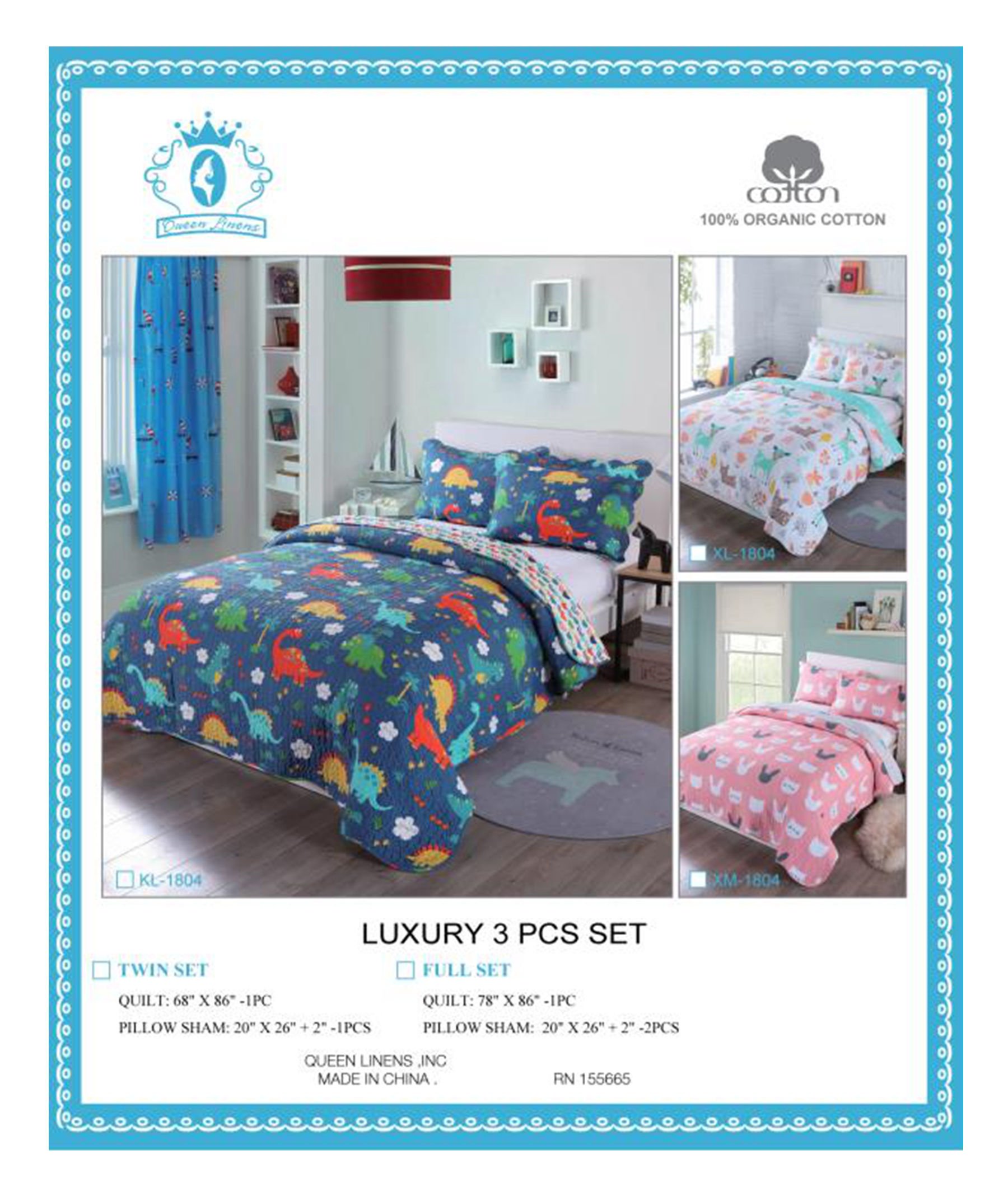 100% Cotton 2 Piece Kids Quilt Bedspread Comforter Set Throw Blanket for Teens Boys Girls Kids Beds Bedding Coverlet Dinosaur (Full)