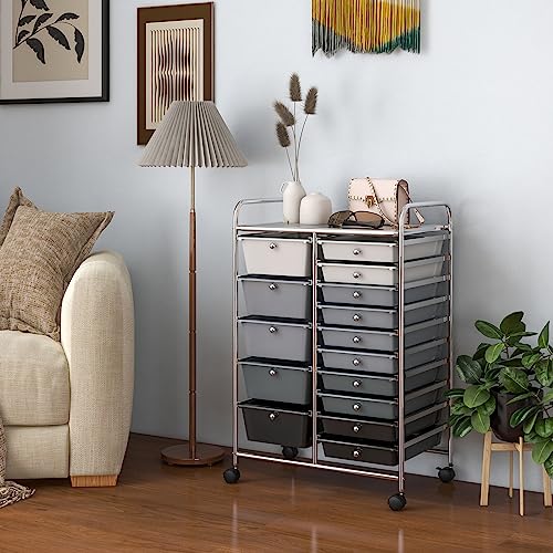 15 Drawer Rolling Storage Cart, Mobile Utility Cart with Lockable Wheels, Drawers, Multipurpose Organizer Cart for Home, Office, School, Gradient Black