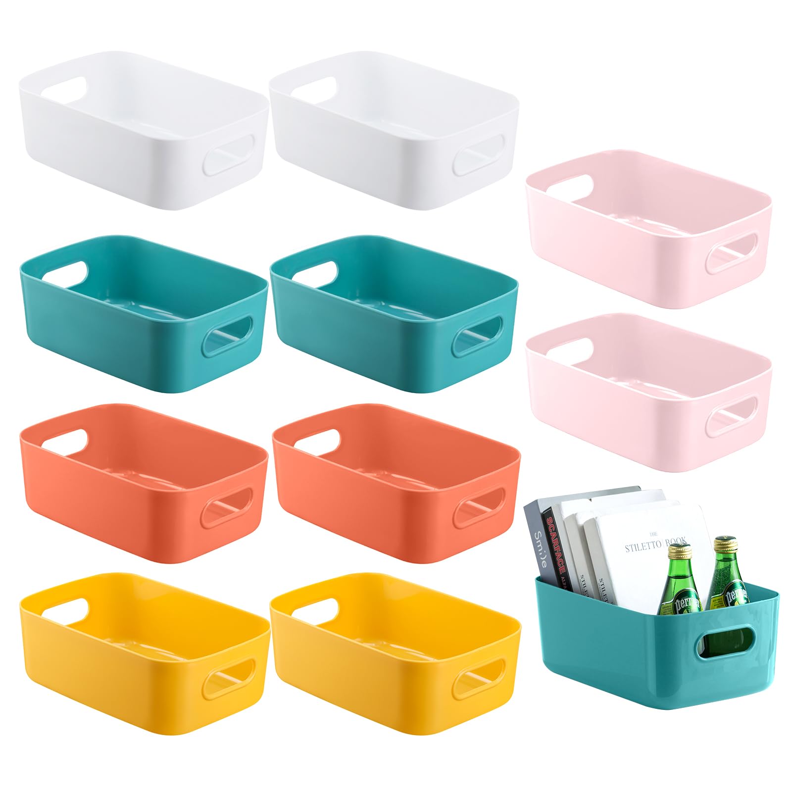 10Pack Colorful Storage Bins with Lid and Handle, Plastic Storge Box Stackable Baskets Desktop Cubby Bins Containers for Shelf Cabinet Bedroom Office (Yellow/Pink/Green/Orange/White, 8x5.5x2.8inch)