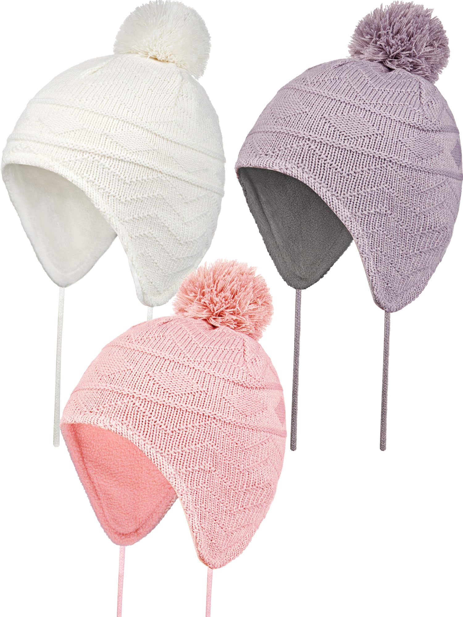 3 Pieces Toddler Baby Kid Winter Beanie Hat Warm Thick Fleece Lined Cap Knit Hat with Earflap and Chin Straps for Girls Boys (1-5 Years)