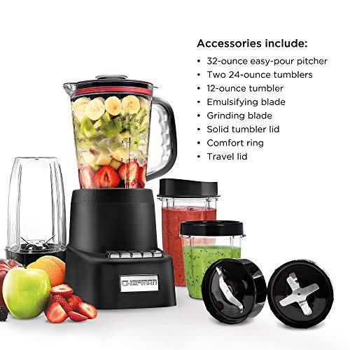 Chefman Countertop + Travel Dynamic Blending System, 12-Piece Set, 3 Programmed Speeds & Pulse, Easy Ice Crushing for Shakes & Smoothies, Dishwasher-Safe 32-Oz Pitcher, 12Oz & 2 24Oz Tumblers, Black