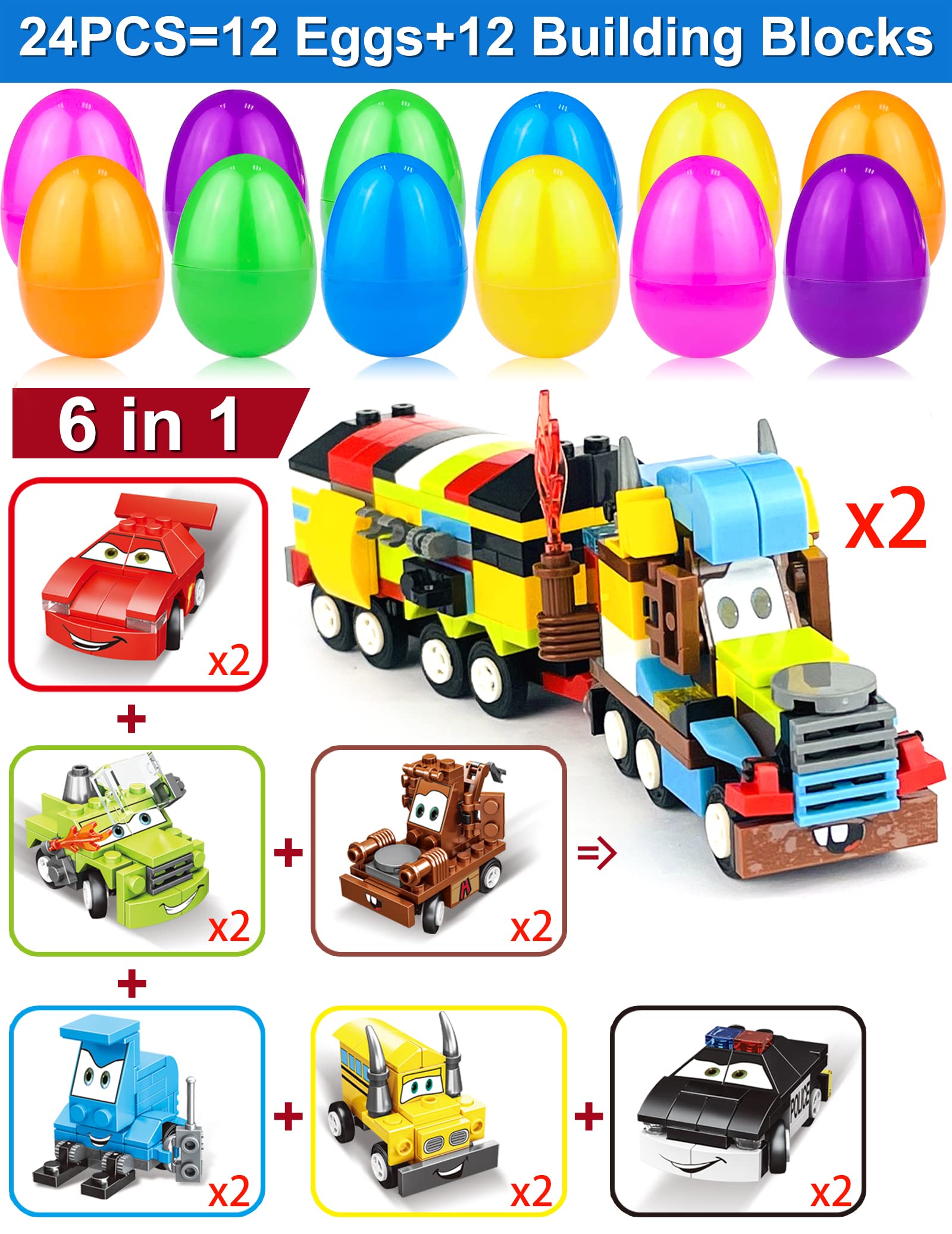 12 Pack 3" Large Filled Easter Eggs with Stem Toy Cars Kids Easter Basket Stuffers Plastic Surprise Egg Building Blocks 6 in 1 Transform Construction Vehicle Easter Toy Boys Girl Egg Hunt