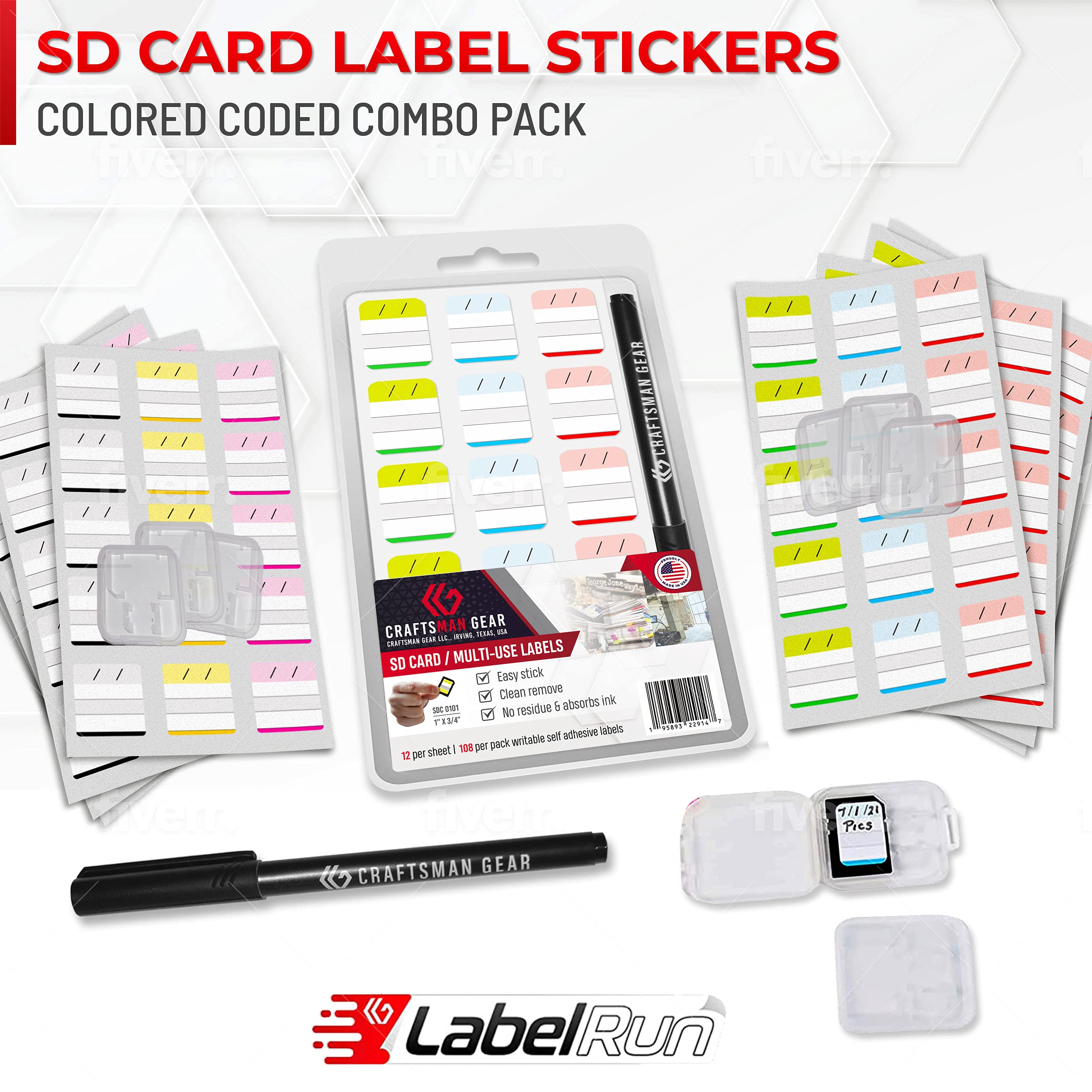 CGI Color (6) Coded Self Adhesive 120 SD Card Labels, 6 Cases, Felt Pen & Container Made in USA Removable Smudge Residue Free Writable Water Fade Resistant Stickers to Organize Memory Cards