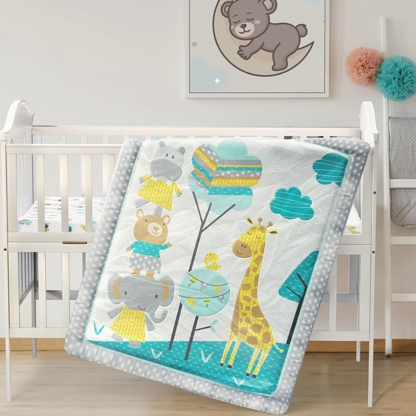 3-Piece Cotton Animals Jungle Crib Bedding Set. Standard Size Set Includes Quilt, Crib Sheet, Changing Pad Cover. Elephant Hippo Bear Giraffe Set, Safari Comforter Set for Boys and Girls
