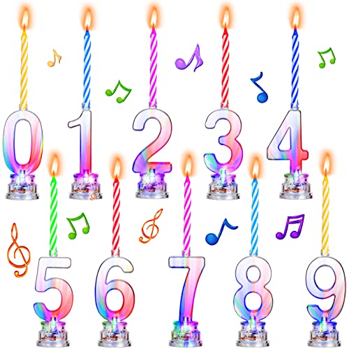 10 Pieces Musical Birthday Candle LED Birthday Number Candle Set Multicolor Flashing Cake Candles with Music Sound and 20 Pieces Wax Candles for Birthday Decoration