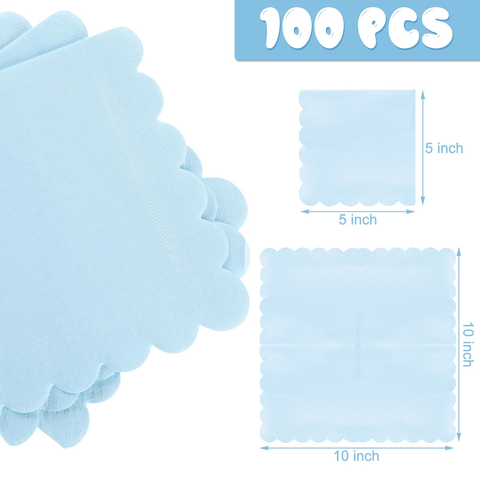 100 Pcs Scalloped Cocktail Napkins Thick Paper Napkins Disposable Party Napkins Beverage Napkins for Wedding Dinner Birthday Supplies, 5 x 5 Inches (Light Blue)
