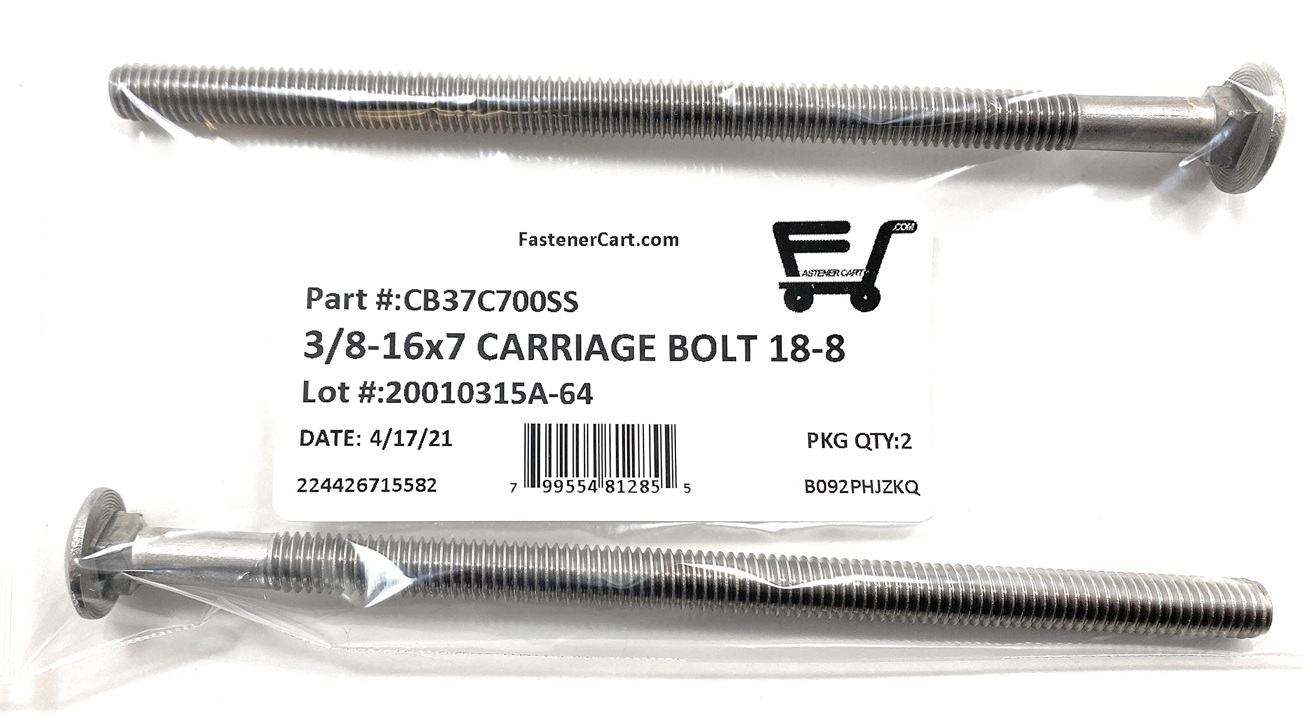 3/8-16 x 7 Carriage Bolts Stainless Steel 18-8 (2 Pieces)