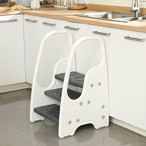 3-Step Stool with Handrails for Toddler and Kids, Standing Learning Tower for Bathroom Sink, Potty Training, Children Step Up Learning Helper with Handles and Safety Non-Slip Pads(Gray)