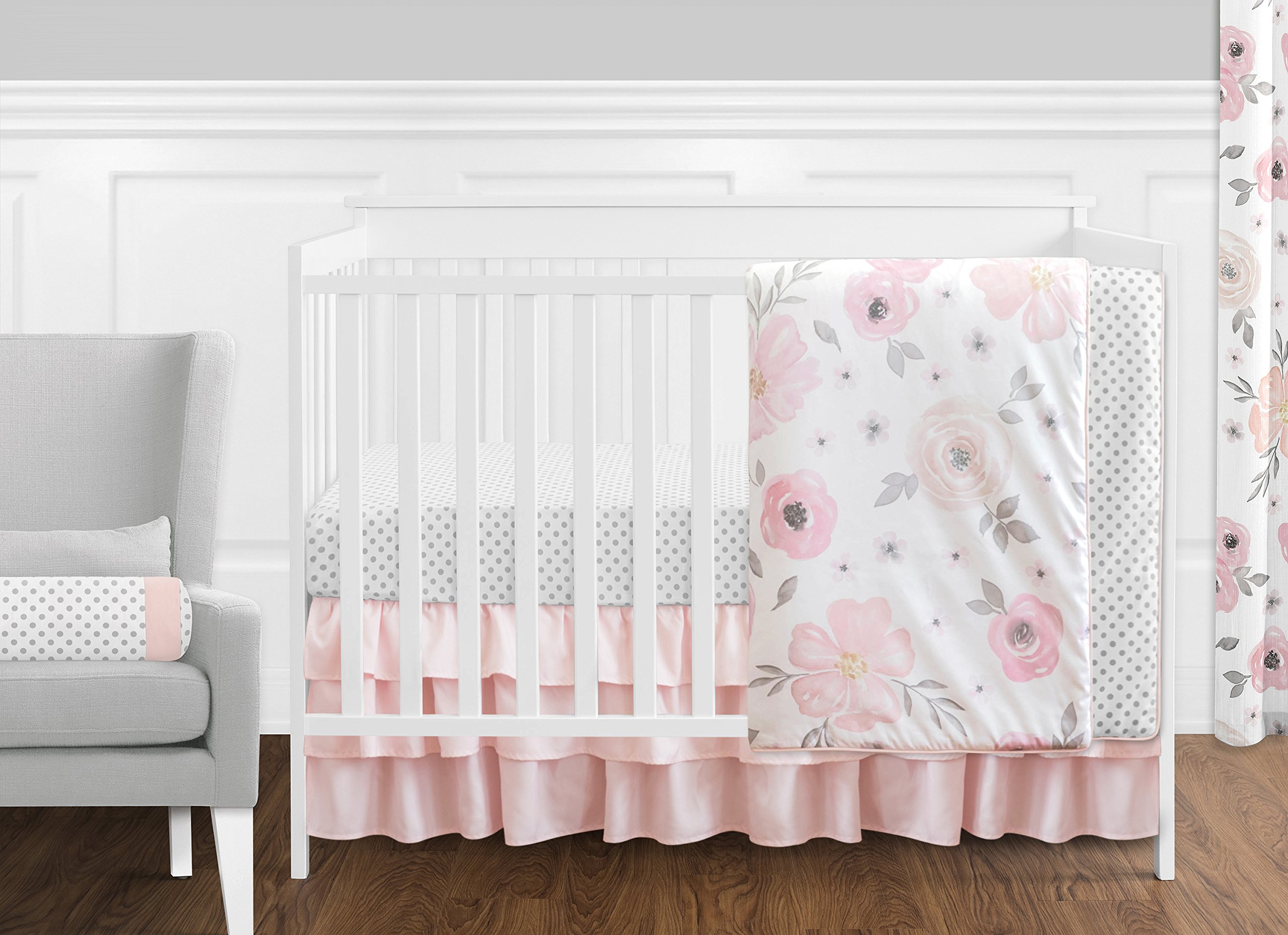 11 pc. Blush Pink, Grey and White Watercolor Floral Baby Girl Crib Bedding Set by Sweet Jojo Designs - Rose Flower Polka Dot