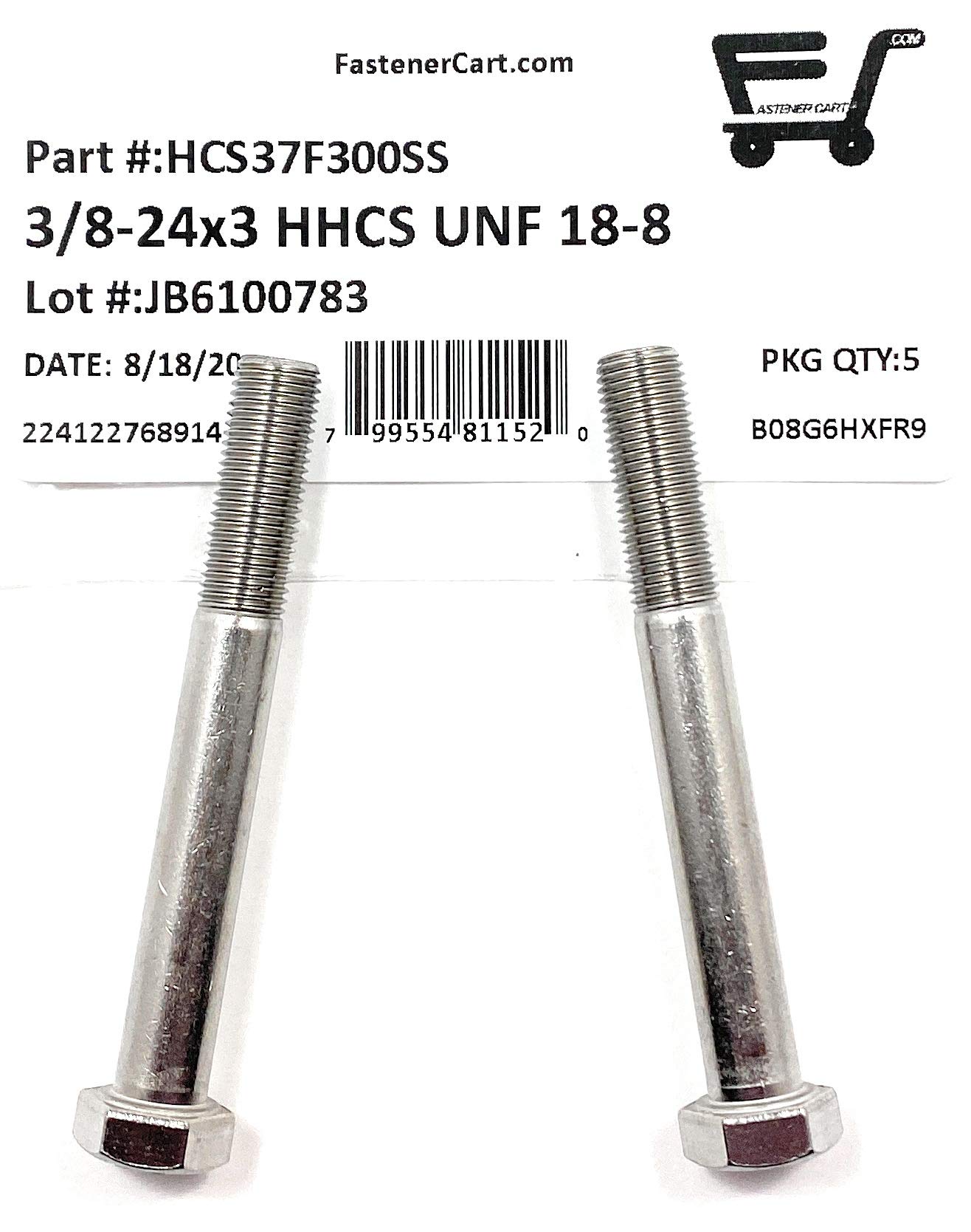 3/8-24x3 Stainless Steel Hex Cap Screws Hex Bolts 18-8 (UNF) FINE Thread - (5 pcs)