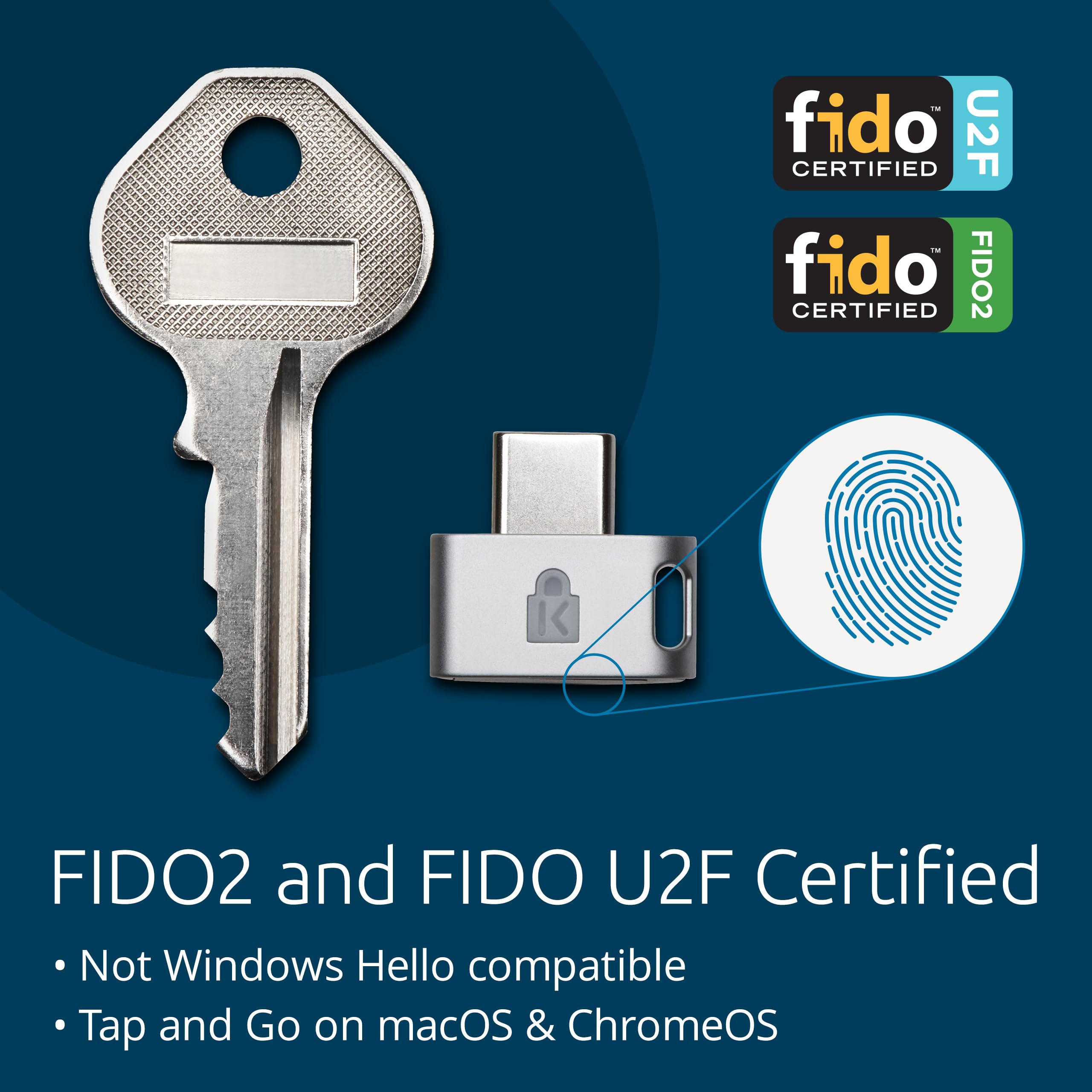 Kensington FID0 U2F and FIDO2 USB-C Security Key and Fingerprint Reader - Windows, macOs, Chrome