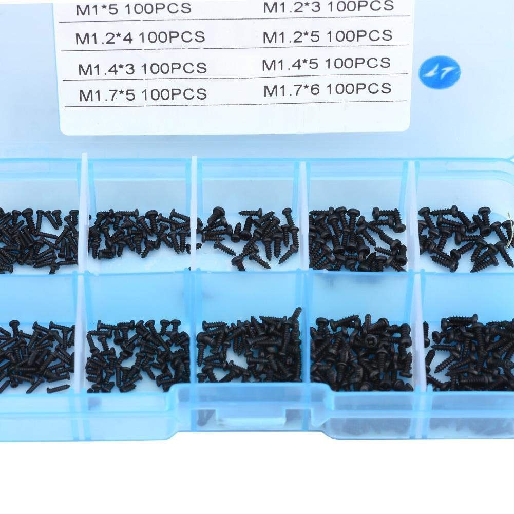 1000pcs Screws, M1 M1.2 M1.4 M1.7 Stainless Steel Cross Drive Pan Head Self Tapping Screws Kit with Box for Machine Woodworking Fastener