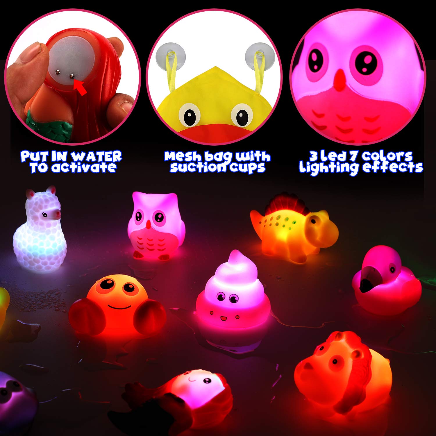 12 PCS Light Up Bath Toys with Duck Mesh Tub Storage Organizer, Toddler Flashing Color Changing LED Bathtub Mermaid Toy in Water for Kids