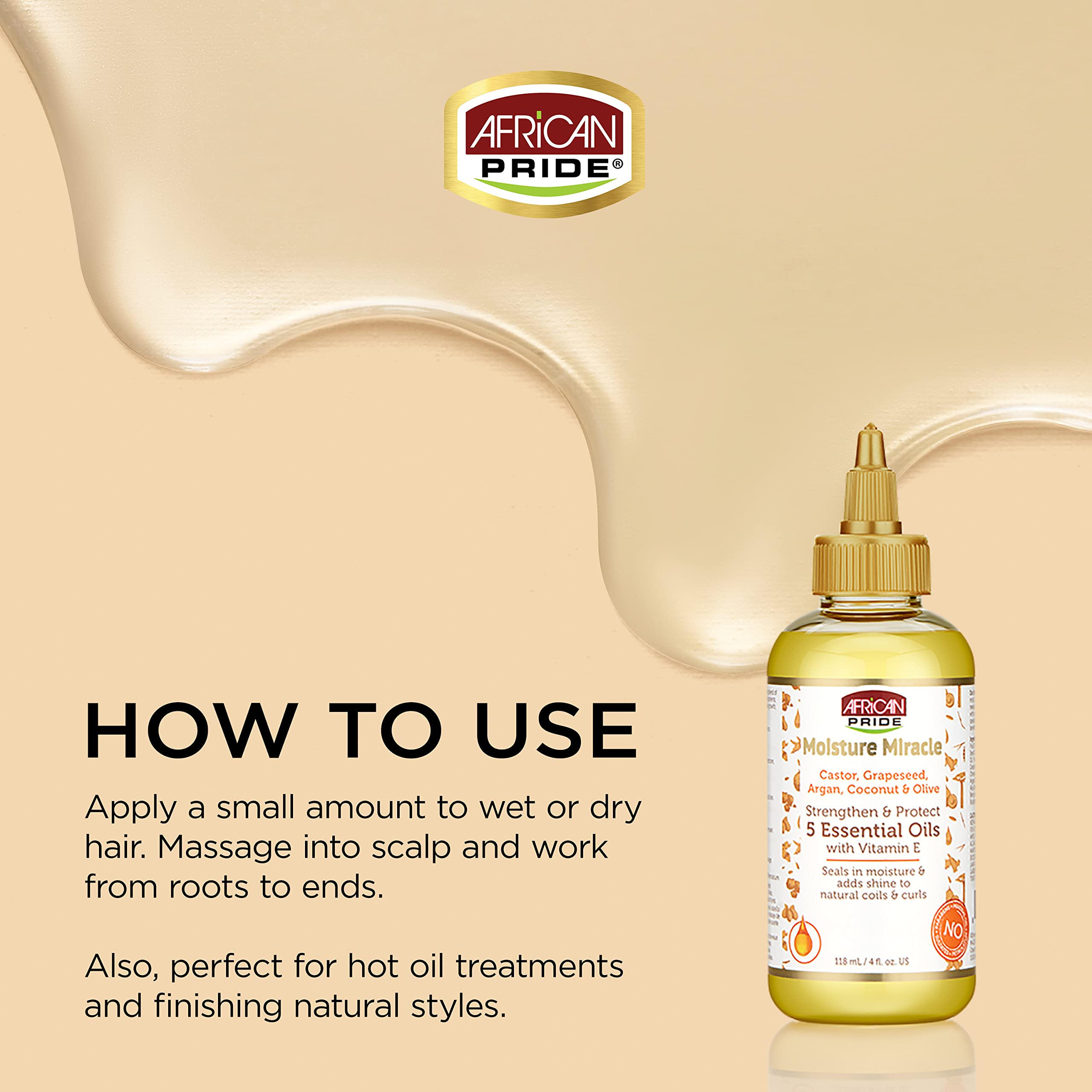 African Pride Moisture Miracle 5 Essential Oils - Contains Castor, Grapeseed, Argan, Coconut & Olive Oil, Seals in Moisture & Adds Shine, Vitamin E, 4 oz (3 Pack)