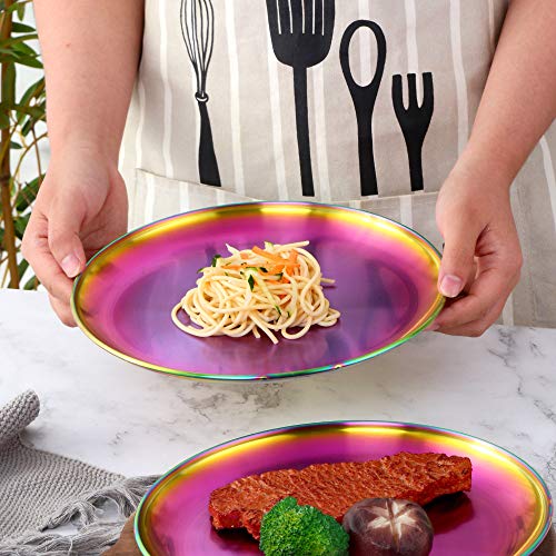 BISDARUN 4-Piece Stainless Steel Dinner Plates Dessert Salad Plates Set Indian, Mingcheng 9.1 Inch Colorful Metal Platter for Camping, Unbreakable and Reusable Dishwasher Safe (Rainbow)