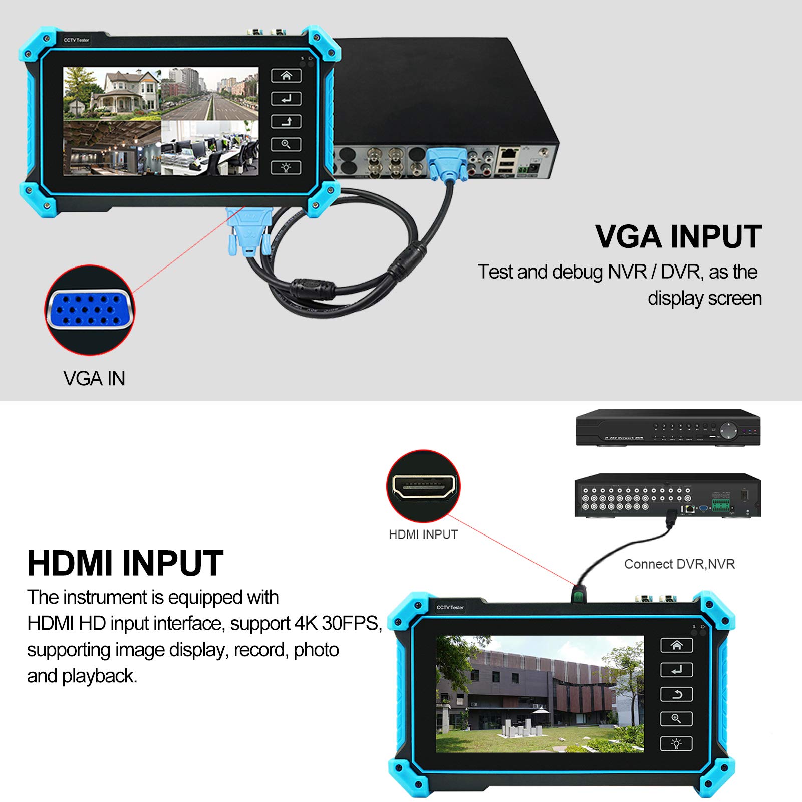 Rsrteng IP Camera Tester, IPC-5200 Plus 8MP AHD CVI TVI SDI CVBS IP Camera Test 4K HD Display Video Monitor 5inch IPS Touch Screen IPC Tester Support POE PTZ RS485 HDMI & VGA Input DC12V Output