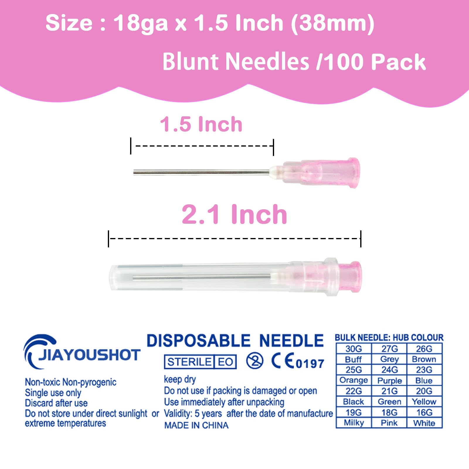 100Pack-18ga 1.5inch(38mm)Dispensing Blunt Needles,Individual Package of Injection Syringe Accessories with Luer Lock,Suitable for Refilling Liquid, Inks,Livestock and Industry