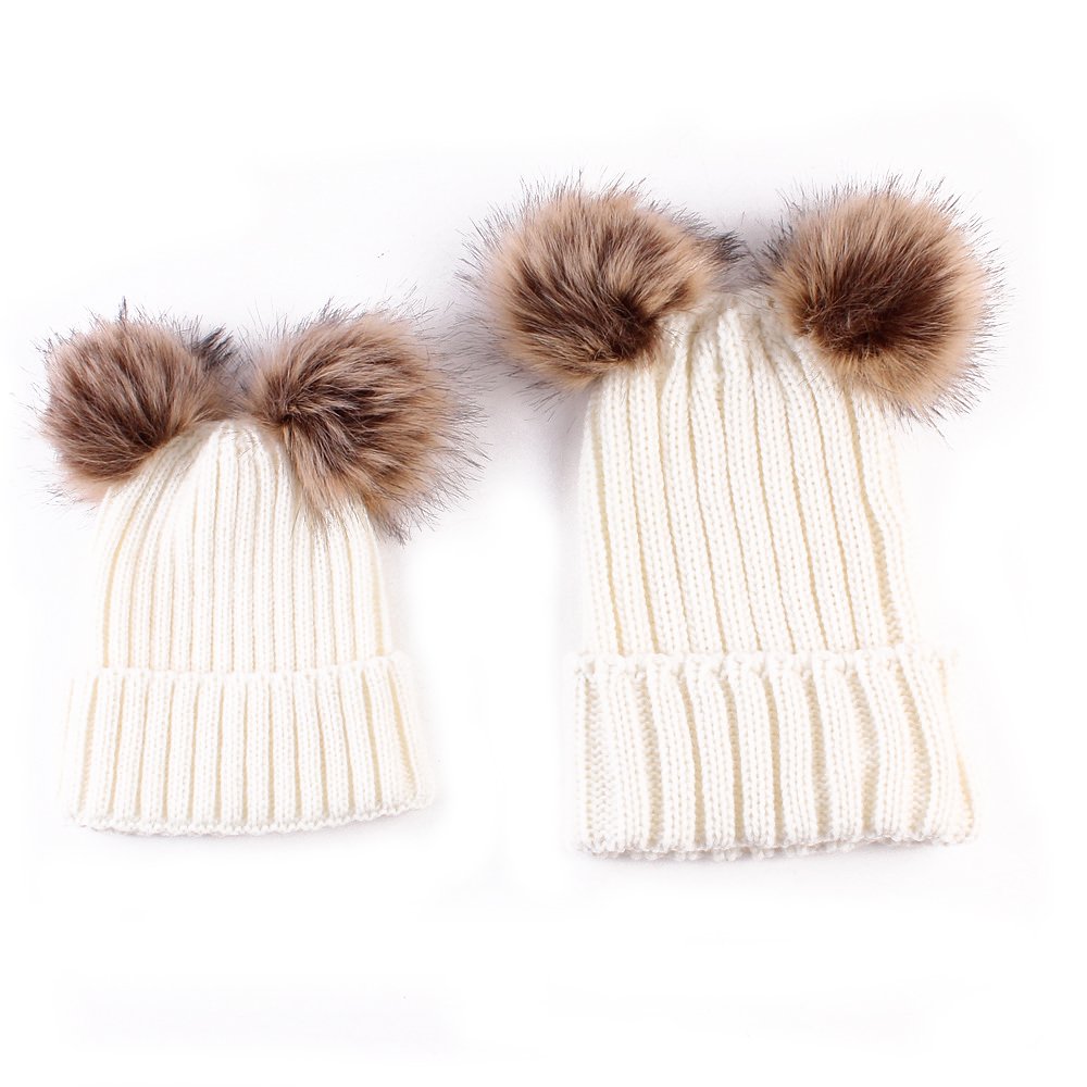2PCS Parent-Child Hat Winter Warmer, Baby Hat/Women Hat, Mother & Baby Knit Hat Winter Warm Crochet Cap Beige
