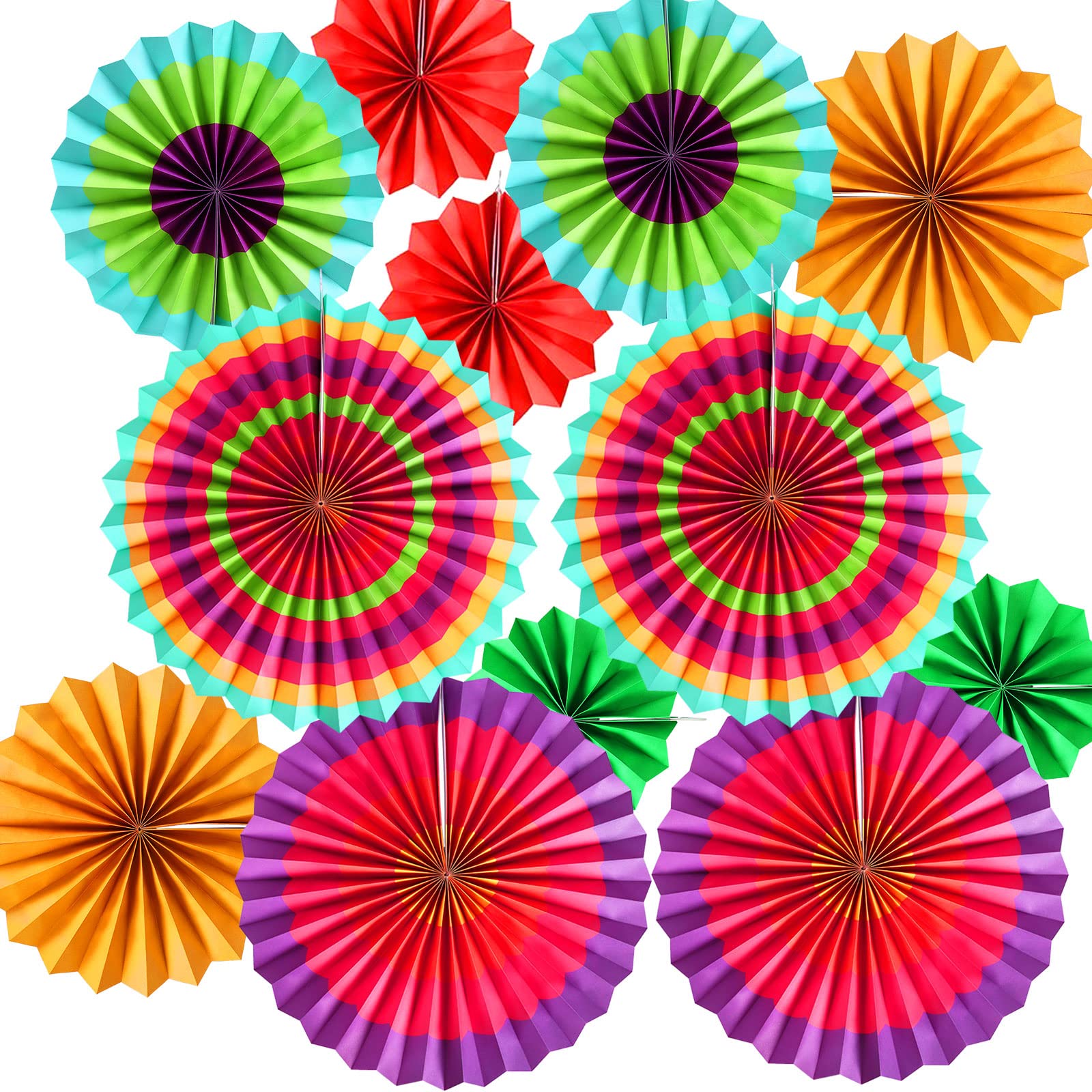 12PCS Hanging Paper Fans Party Decorations Fiesta Party Supplies, Photo Props for Cinco De Mayo Carnival Mexican Taco Tuesday Vibrant Colorful Kids Party Birthday Baby Shower, Multi-Color