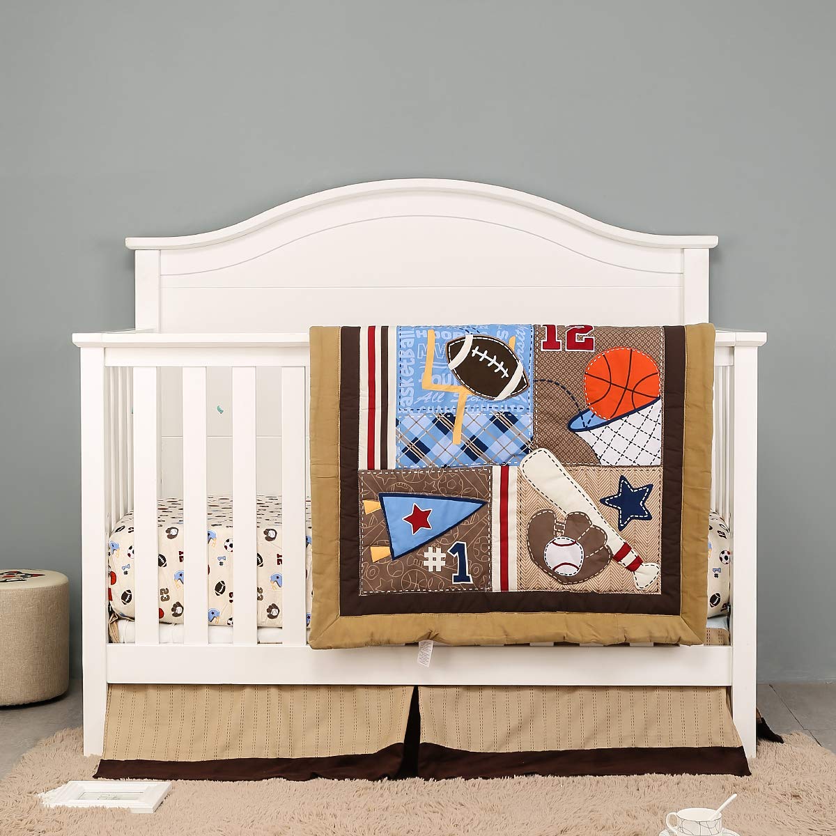 2 PCs Brown Sports Themed Nursery Crib Bedding Set Quilt Fitted Sheet American Ruby Baseball Sports Baby Boy Cot Bedding Set