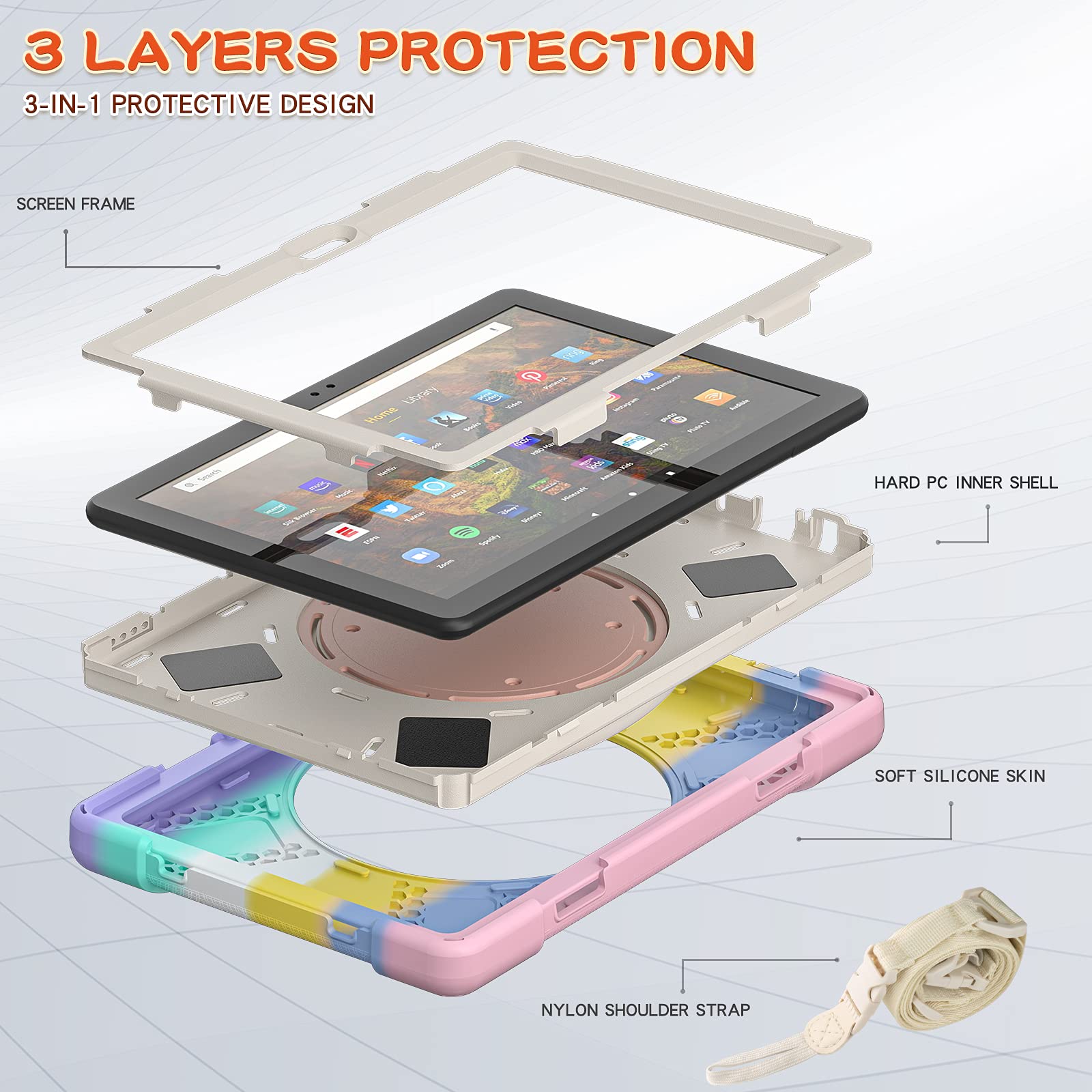360 ° Rotation Portable Case for Fire HD 10 & 10 Plus Tablet(11th Generation, 2021 Release Rugged Case Rotating Stand Hand Strap Shoulder Carrying Strap Outdoor Cover (Colourful Pink)