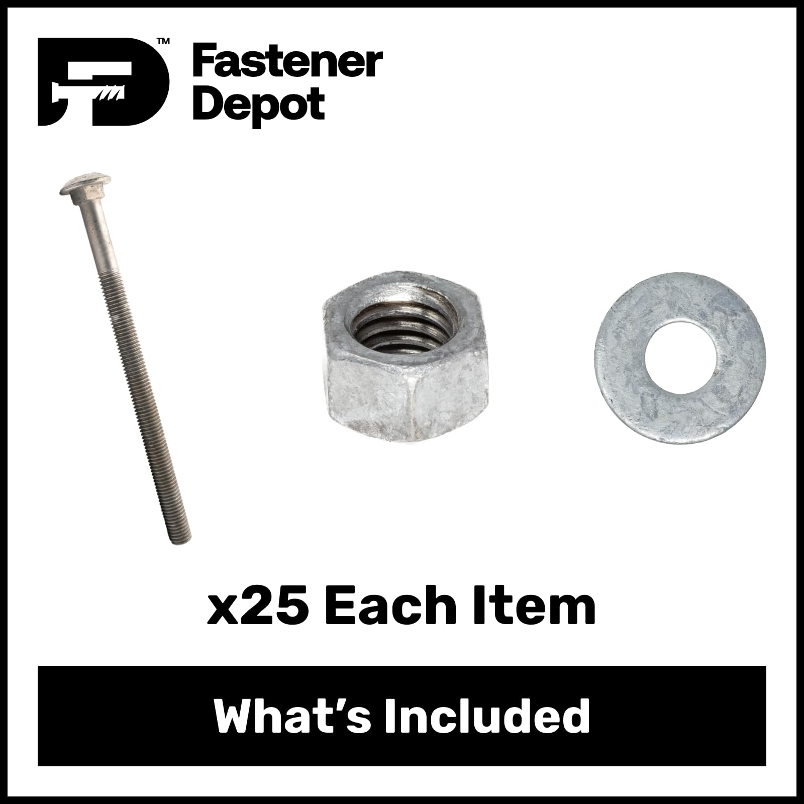 3/8"-16 x 8 Hot Dipped Galvanized Carriage Bolt w/Nuts & Flat Washers, Grade A, 6" of Thread, Quantity 25 - by Fastener Depot, LLC