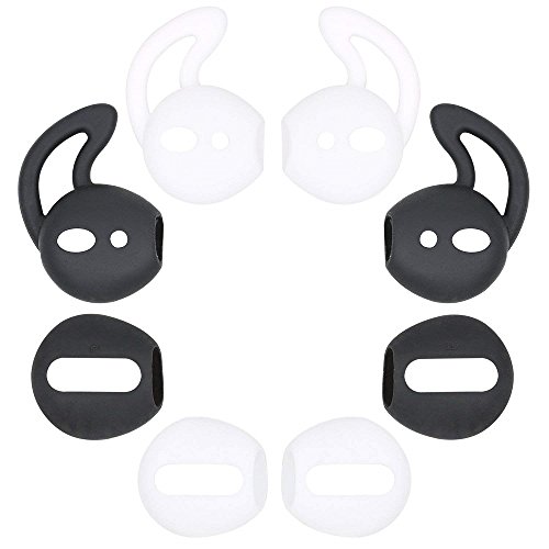 4 Pair Ear Tips Silicone Cover Compatible with AirPods, 2X Super Thin Eartips [Fit in Case] & 2X Anti-Drop Sports Ear Hook Gel [Protective & Great Noise-Isolation], White Black