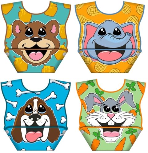 LA Baby Crumb Snatcher Waterproof Pocket Bib Large, Catch-All Pocket Design, 4-Pack (Tiger, Hippo, Frog, Dolphin)