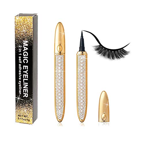 2020 Upgraded Self-adhesive Eyeliner,2 in 1 Eye Liner Pen Diamond Bling Glitter Liquid Eyeliner No Glue, Non Magnetic, Eye Liner for Eye Makeup and Wear Normal False Eyelashes (Queen Pearl White)