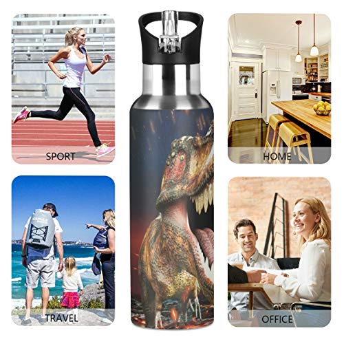 Dinosaur 3D T-Rex Water Bottle with Straw Lid Thermos Kids Insulated Stainless Steel Water Flask Sports, 20 Oz Hot Cold