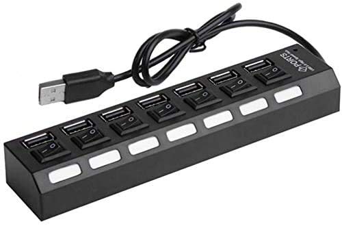 7-Port USB 2.0 Hub High Speed Power Cable with Blue LED Light Indicator ON/Off Sharing Switch Adapter for PC Laptop (Black)