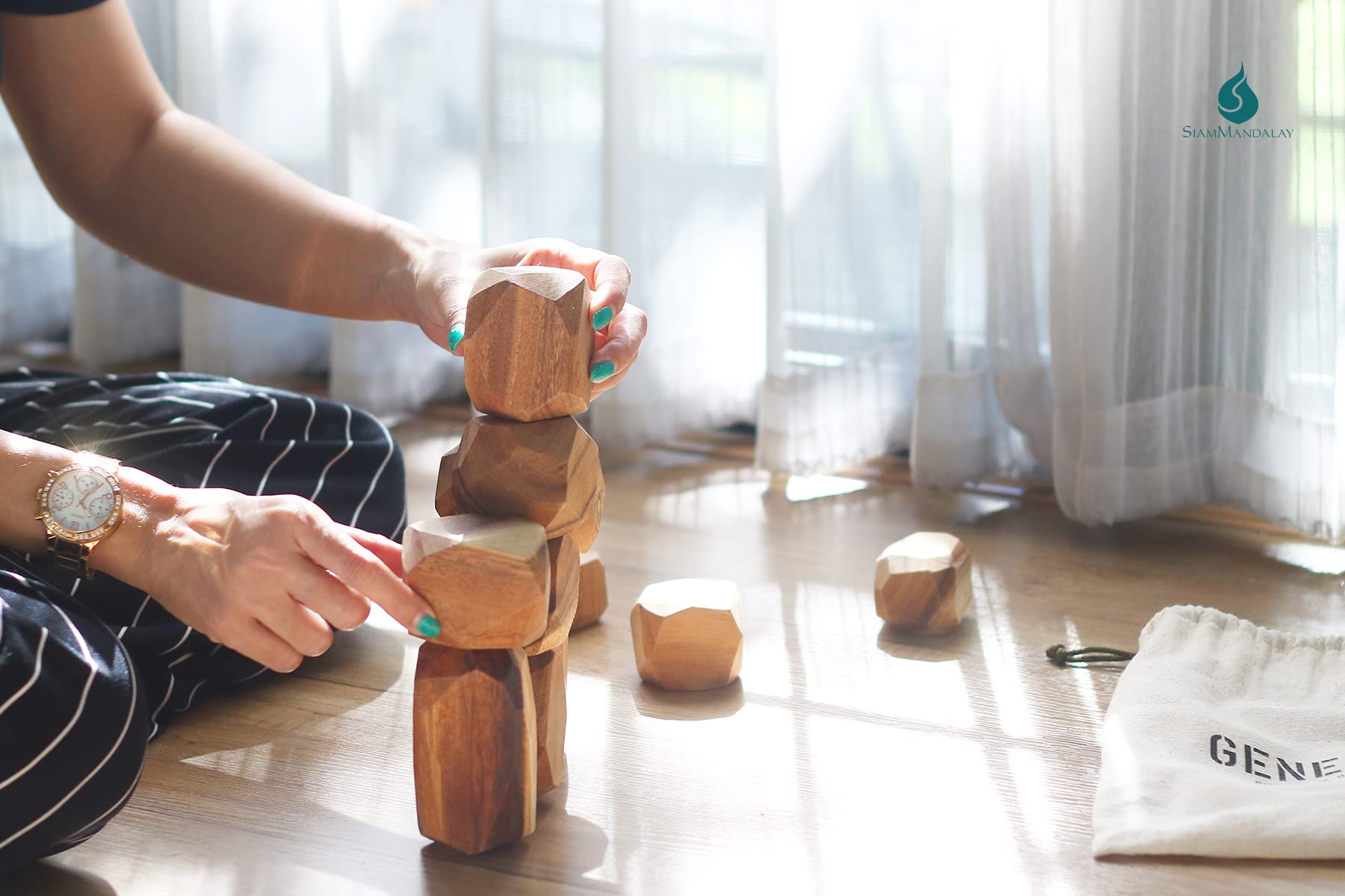 12 Pcs. Wooden Balancing Blocks: Handmade Meditative Educational Game Sensory STEM Toy Stacking Game Wood Balance Rocks Set (Tum ISHI) Montessori with Cotton Bag