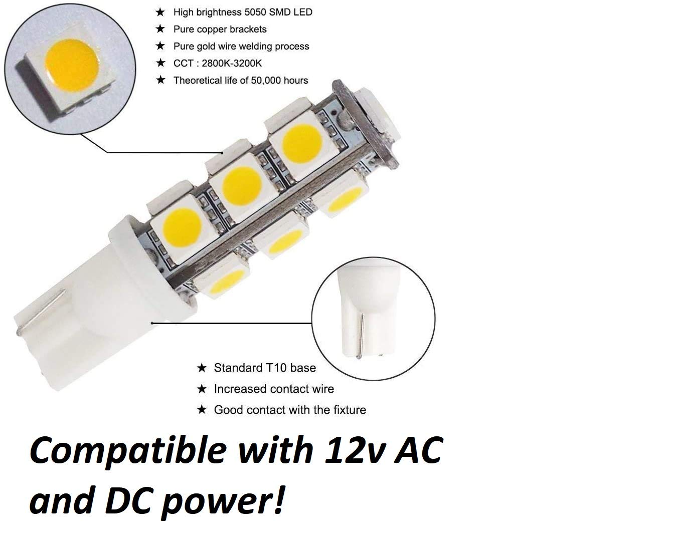 10 Pack LED Bulbs T10 Landscape Light Low Voltage 12v AC/DC Warm White Flicker-Free, Non-Polarity,