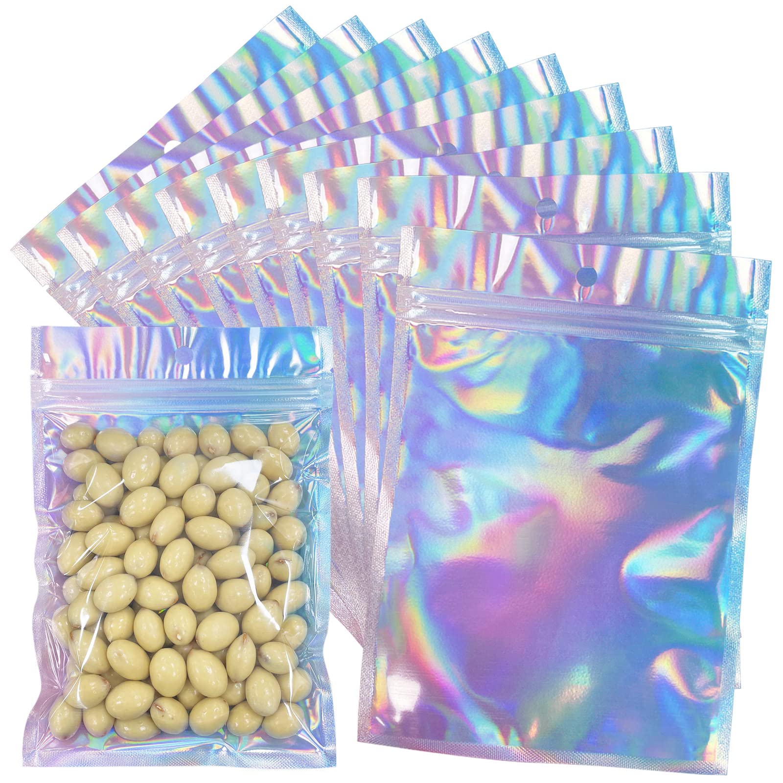 100pcs Resealable Holographic Mylar Bags 5.5x7.8 inch, Foil Zip Sample Pouch Gift Baggies For Packaging Candy Jewelry Lash Lip Gloss