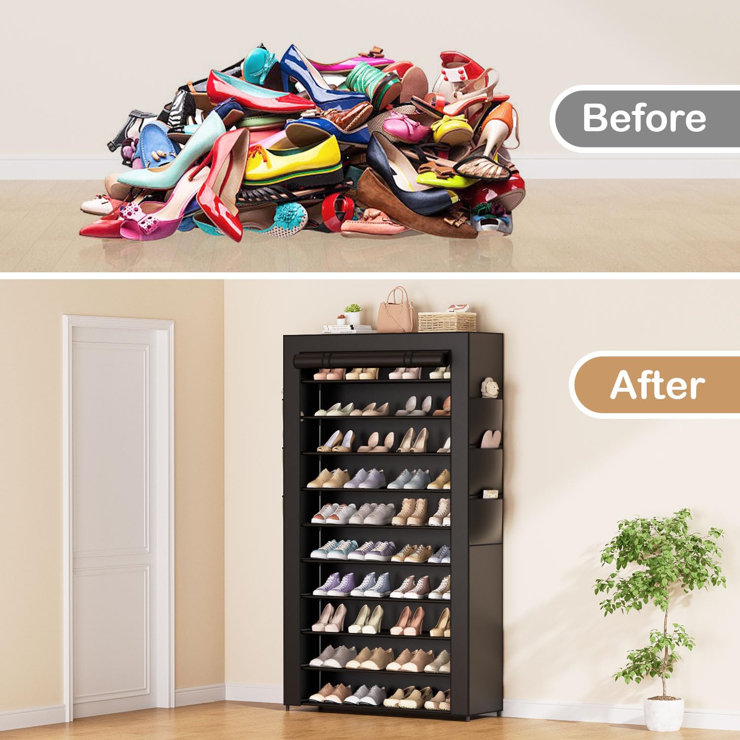 10+1tier Shoe Rack with Cover, Tall Shoe Rack Organizer 40-50 Pairs Large Shoes Rack Storage Organizer Stackable Tall Shoe Shelf Storage Metal Tall Shoe Rack Shoe Organizer for Closet Entryway Garage