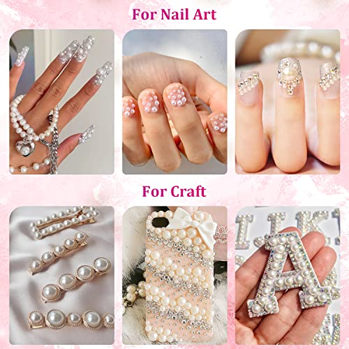 2700 Pcs Flat Back Pearls Kits 1 Box of Flatback White+1 Box of Beige Half Round Pearls with Pickup Pencil And Tweezer for Home DIY And Professional Nail Art, Face Makeup And Craft