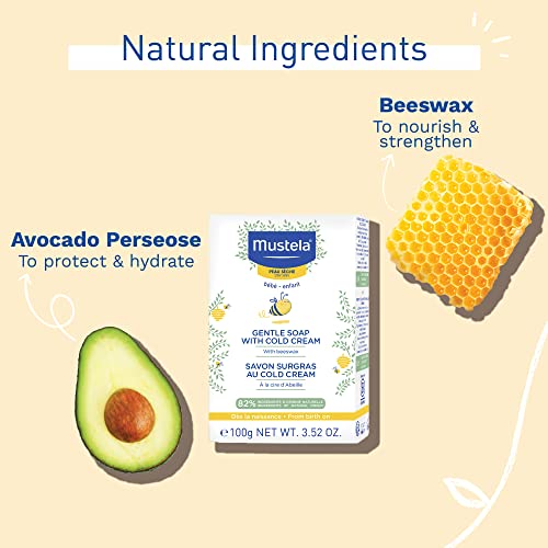 Mustela Baby Gentle Soap - Bar Soap for Dry Skin - with Natural Avocado, Cold Cream, Beeswax & Shea Butter - 3.52 oz