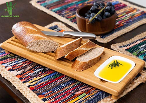 Bamboo Land- Bamboo Sweep Off Baguette Board with Bread Crumb Catcher and Ceramic Dipping Dish, 18β x 7β, Bread Cutting Board with Crumb Catcher, Board for Cutting Bread, Bread Cutter Knife