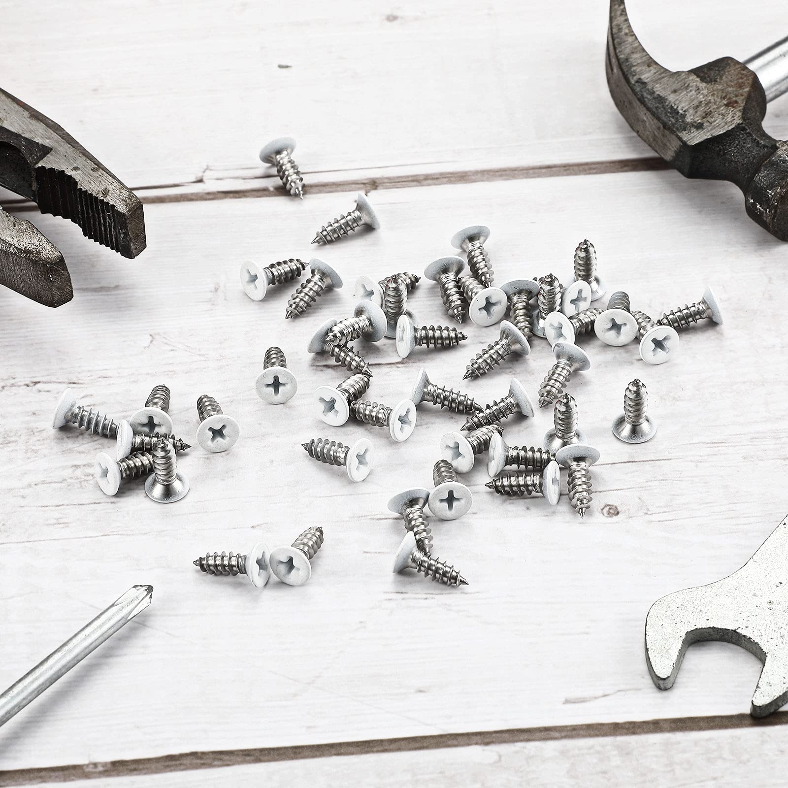100 Pieces #8 White Screws Wall Plate Screws Painted Antique White Coated Stainless Flat Head Self-Tapping Screw for Wall Plates Switch Covers Replacement Outlet Light Switch Plate (32 x 0.5 Inch)