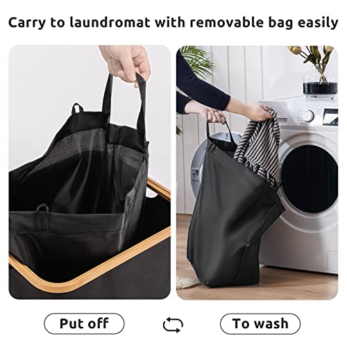 100L Large Laundry Hamper with Lid and Removable Bag by TECHMILLY, Tall Laundry Basket with Bamboo Handles for Clothes and Toys Storage, Collapsible Clothes Hamper for Bedroom and Bathroom, Black
