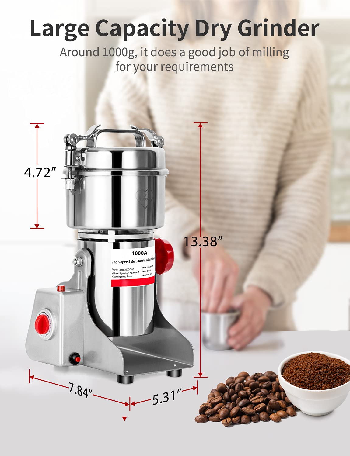 1000g Electric Grain Mill Grinder 2800W High Speed Powder Grinder Machine Stainless Steel Commercial Pulverizer Grinding Machine for Kitchen Pepper Coffee Corn