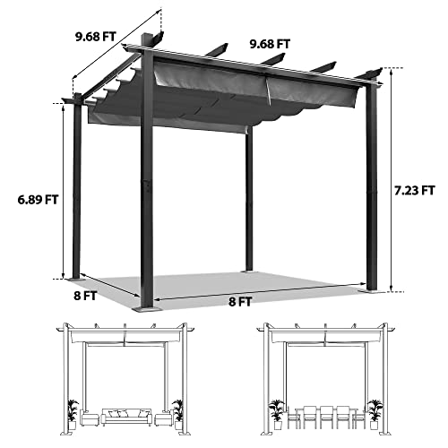 10x10ft Pergola Retractable Pergola Canopy,Aluminum Pergola Shelter with Polyester Sun and Rain-Proof Canopy,Aluminum Outdoor Pergola for Patio,Yard and Garden(Grey)