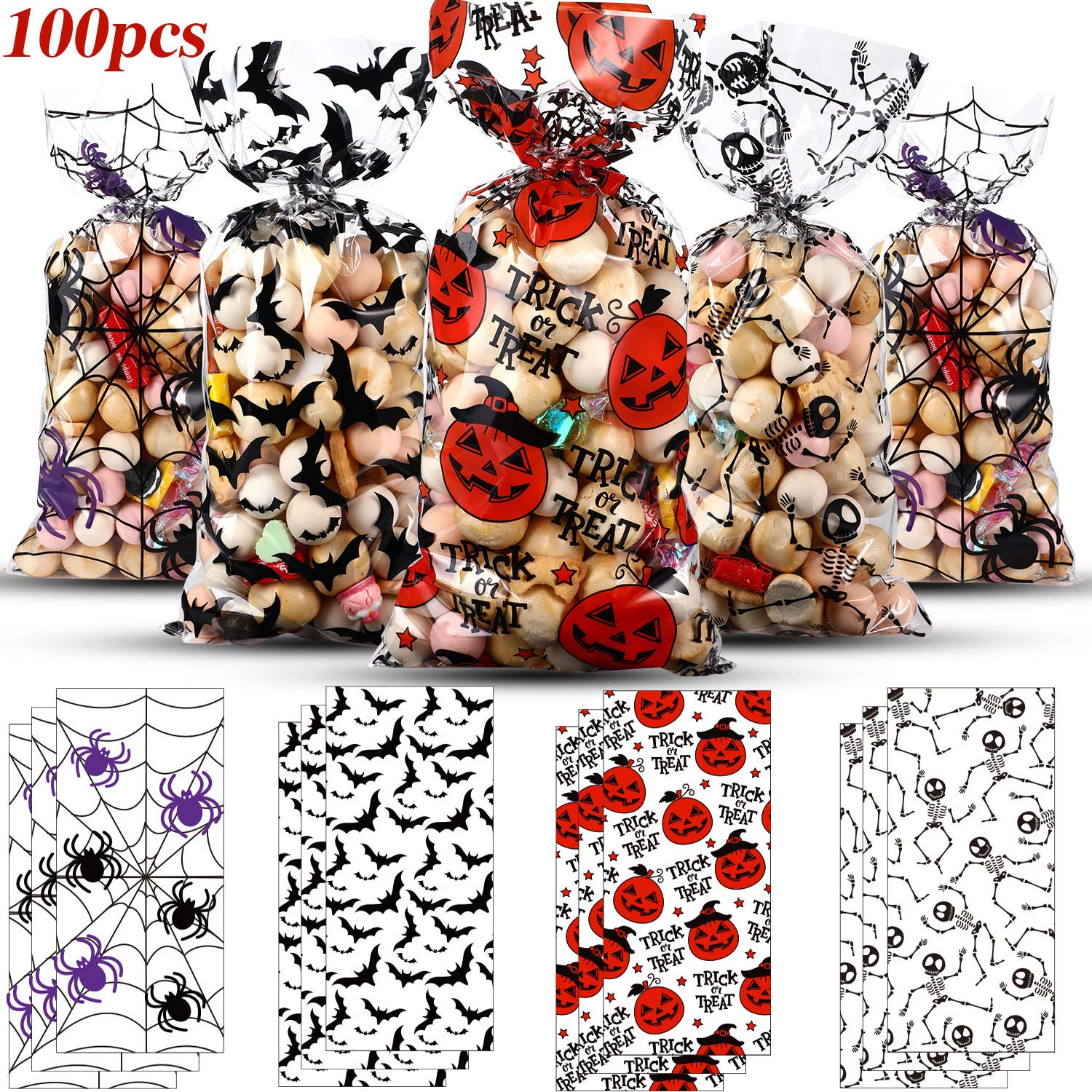 100 Pieces Halloween Cello Bags Trick or Treat Cellophane Favor Bag Black Clear Candy Goodie Treat Bags with 200 Orange and Silver Twist Ties for Kids Halloween Party Decorations, 4 Assorted Styles