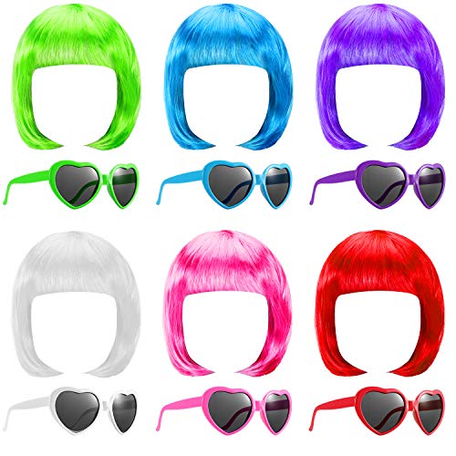 6 Pieces Party Wigs and Sunglasses Set Include Neon Short Bob Wig Colorful Sunglasses Cosplay Wig Daily Party Hairpieces for Halloween Party Supplies