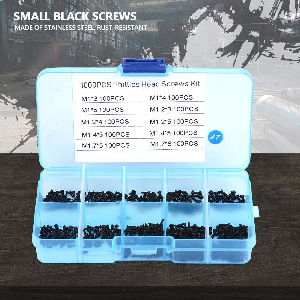 1000pcs Screws, M1 M1.2 M1.4 M1.7 Stainless Steel Cross Drive Pan Head Self Tapping Screws Kit with Box for Machine Woodworking Fastener