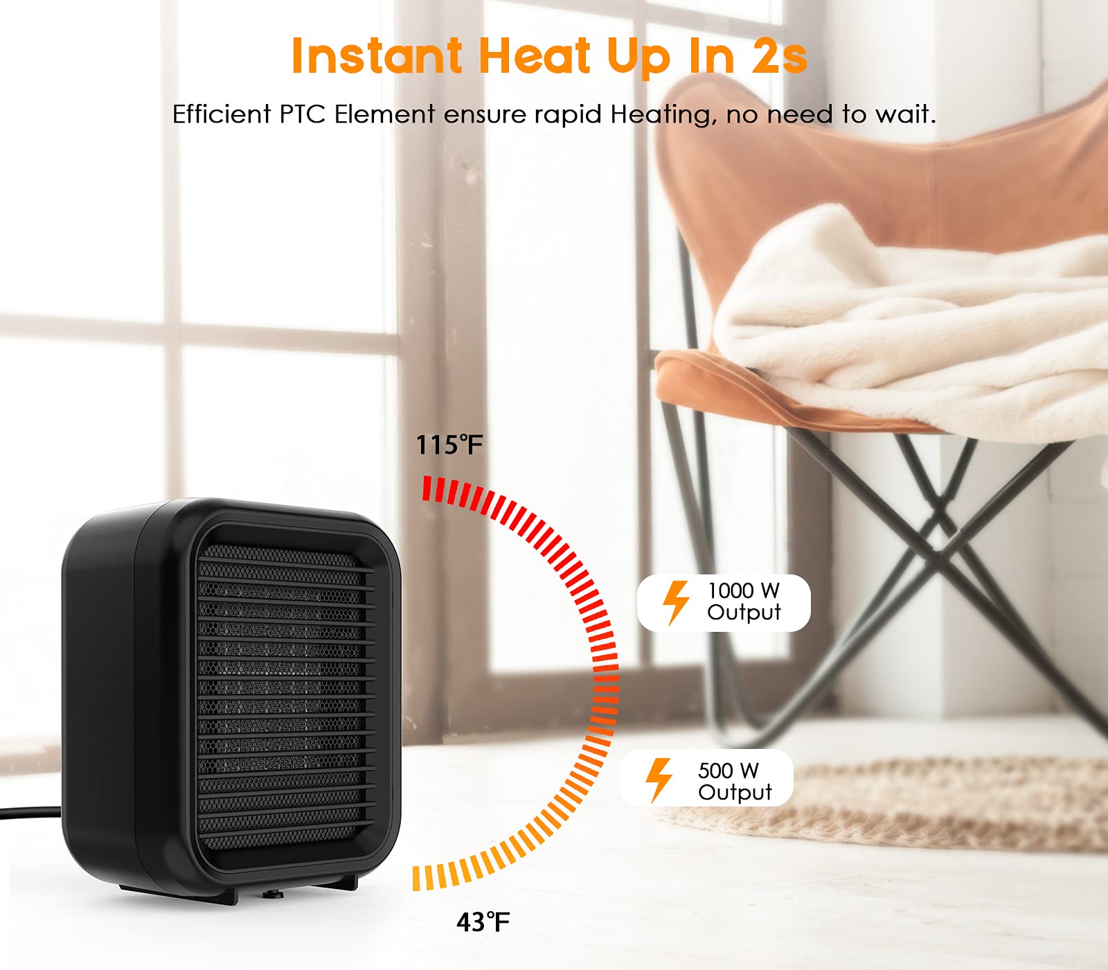1000W Small Portable PTC Ceramic Heaters for Bedroom, Energy Efficient Electric Heater with Tip-Over and Overheat Protection, Personal Desk Heater for Bathroom Home Dorm Office Indoor Use
